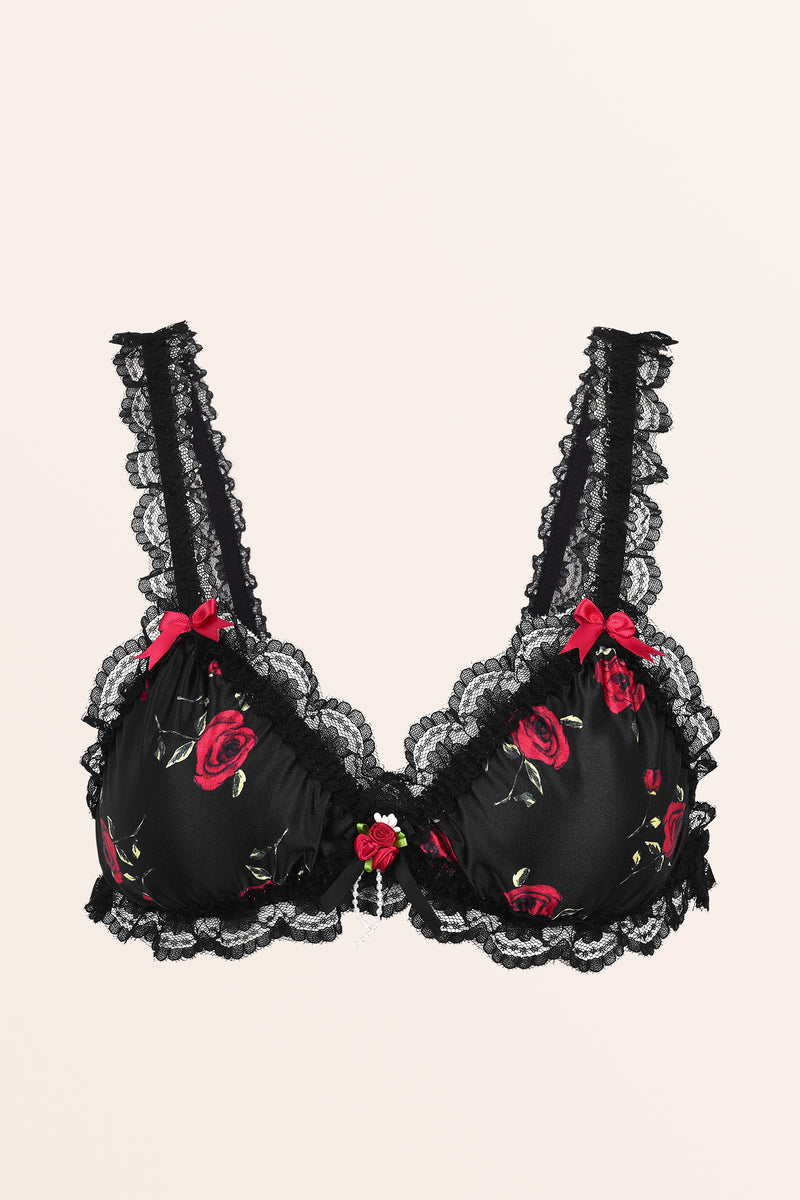 Satin Frilly Elasticated Bralette - Black Red Roses – BlackButterfly