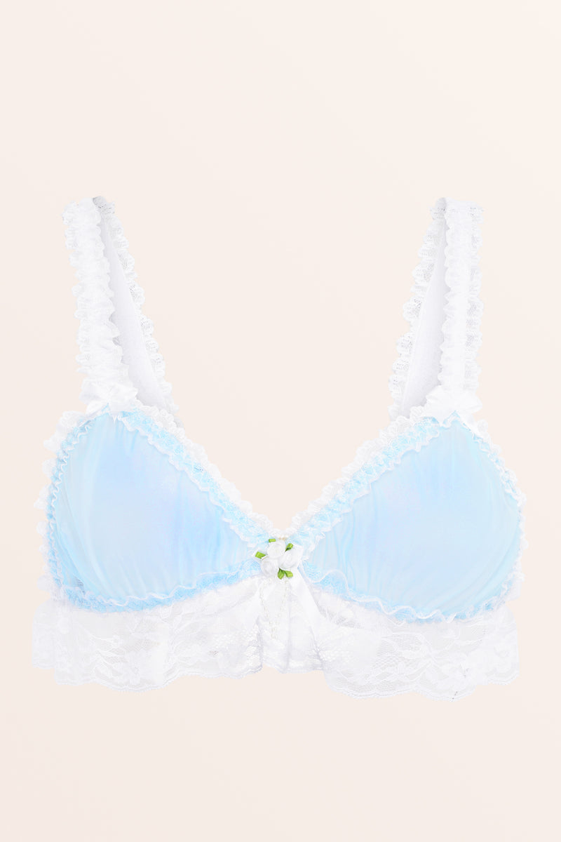 Sheer Frilly Lace Bralette - Baby Blue/White – BlackButterfly