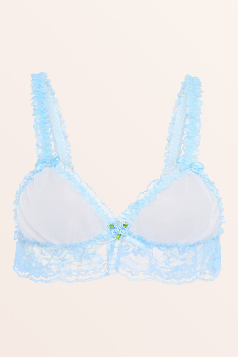 Sheer Frilly Lace Bralette - White/Baby Blue – BlackButterfly
