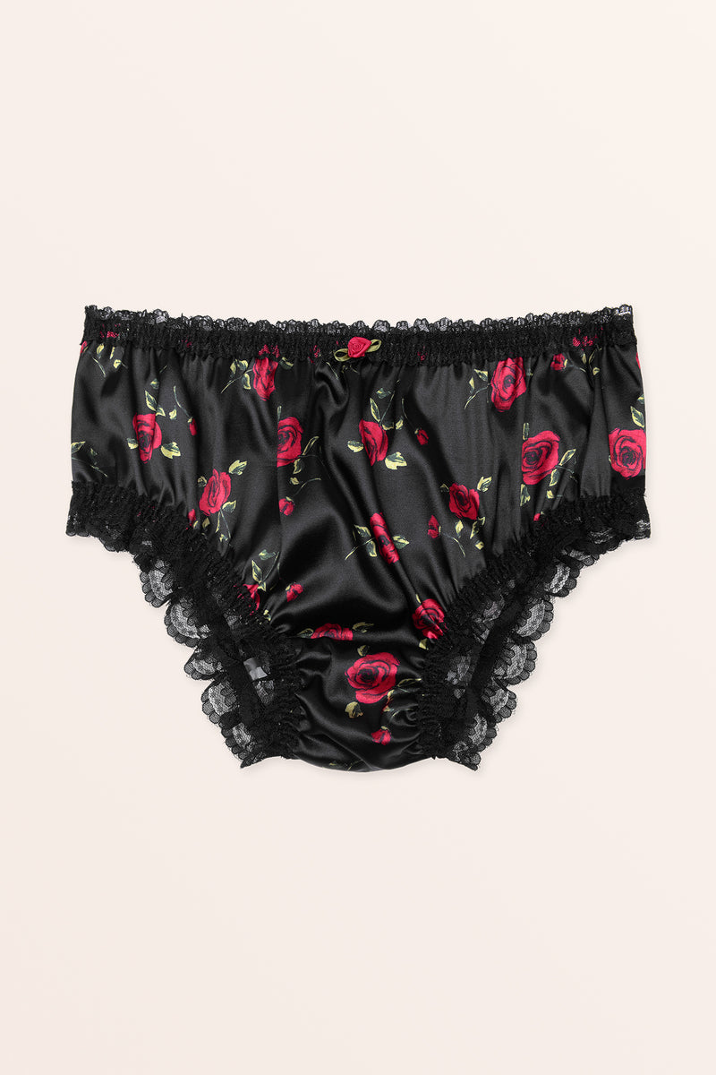Satin Frilly Lace French Knickers - Black Red Roses – BlackButterfly
