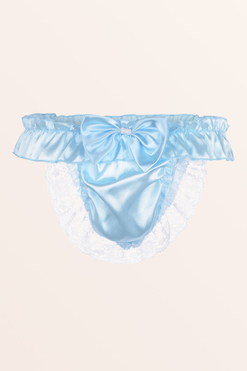 Satin Ruffle Bow Thong - Baby Blue – BlackButterfly